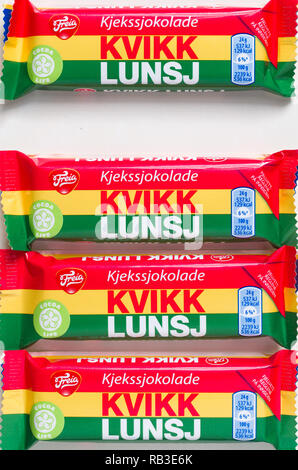 Norwegian traditional Kvikk Lunsj (smallest version) isolated on white ...