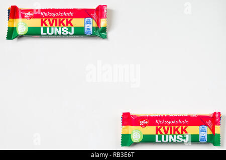 Norwegian traditional Kvikk Lunsj (smallest version) isolated on white ...