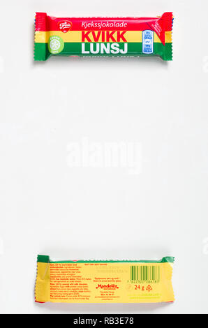 Norwegian traditional Kvikk Lunsj (smallest version) isolated on white ...