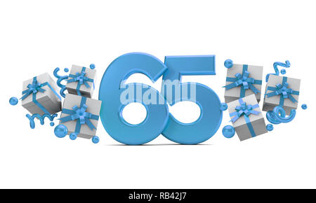 Happy 65th birthday blue surprise balloon and box. 3D Rendering Stock ...