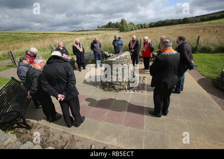 Scotland, Ayrshire, New Cumnock, Knockshinnoch. Memorial & cairn to 13 ...