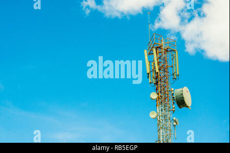 Transmitter for gsm signal of mobile phones in the field. In the background blue sky with clouds ...