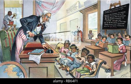 School Begins - Uncle Sam as a teacher - Political Cartoon, 1899 Stock ...