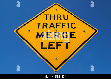 Road sign - thru traffic merge left , This is a computer generated ...