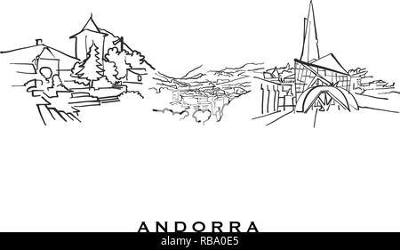 Famous buildings of Andorra la Vella, Andorra Composition. Hand-drawn ...