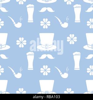 Seamless pattern with clover leaves, mustache, glass of beer, hat ...