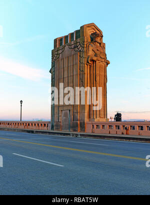 Ohio, Cleveland. The Hope Memorial Bridge. Huge Art Deco statues called ...