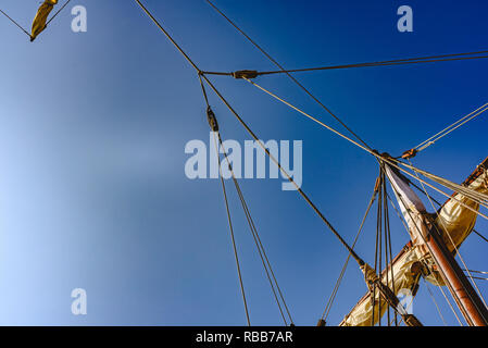 Sails and ropes of the main mast of a caravel ship, Santa María ...