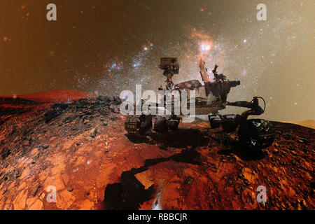 Curiosity Mars Rover exploring the surface of red planet. Elements of ...