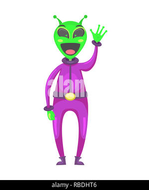 Alien raising hand. Green aliens waving illustration Stock Photo - Alamy