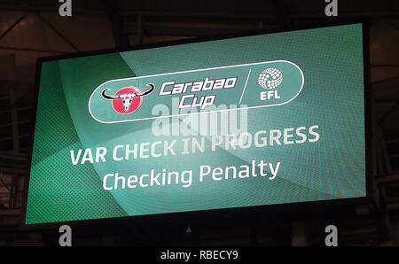 The electronic scoreboard shows VAR decision of goal, no handball, with ...
