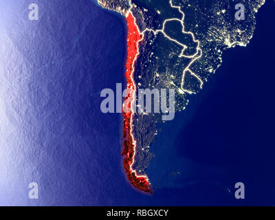 Chile from space at night on Earth with visible country borders. 3D ...