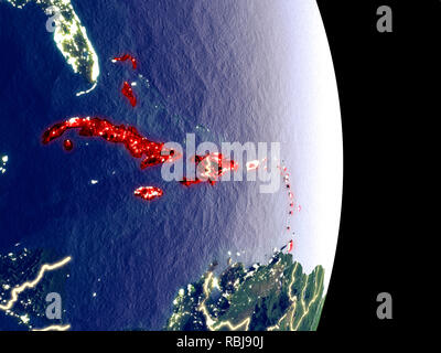 Satellite view of Cuba at night with visible bright city lights ...