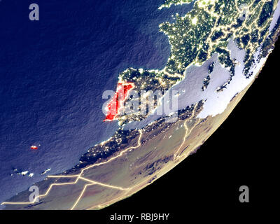 Portugal from space at night on Earth with visible country borders. 3D ...