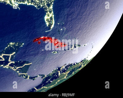 Cuba from space at night on Earth with visible country borders. 3D ...