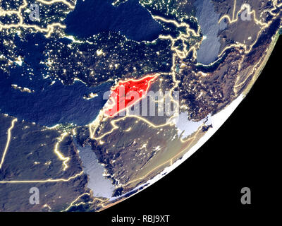 Syria from space at night with visible country borders. 3D illustration ...
