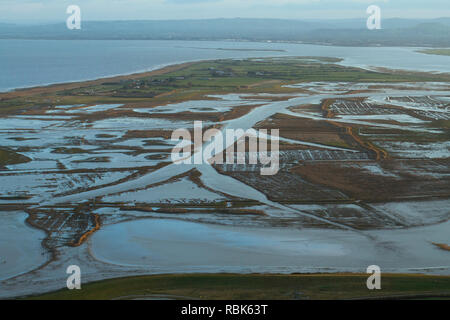 Aerial view of Steart Marshes Nature Reserve, agricultural land ...