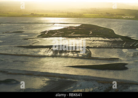 Aerial view of Steart Marshes Nature Reserve, agricultural land ...
