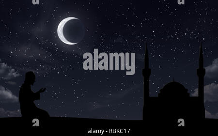 Praying muslim at night sky hilal half moon Stock Photo - Alamy