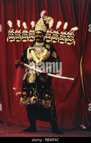 Man wearing ten faces of ravana costume during Ramayan, India, Asia ...