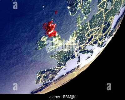 Scotland from space on model of planet Earth with city lights. Very ...