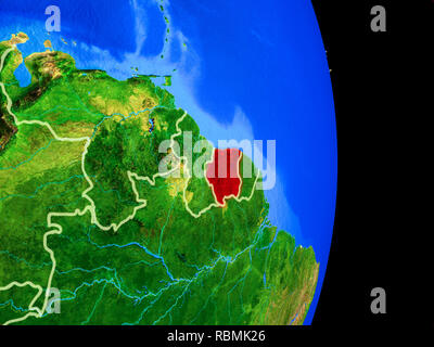 Suriname on realistic model of planet Earth with country borders and ...