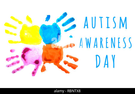 Four colorful child's handprints isolated on white with copyspace ...