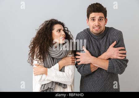 Photo portrait man wearing funny sweater pointing finger xmas tree ...