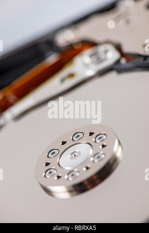 hard disk rotating details. open up computer memory device with reading ...