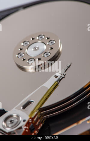 hard disk rotating details. open up computer memory device with reading ...