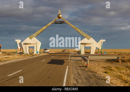 Zamiin-Uud, Mongolia - September 22, 2018: A sign designating entry to the town of Zamiin-Uud. A ...