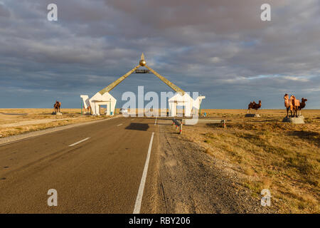 Zamiin-Uud, Mongolia - September 22, 2018: A sign designating entry to ...