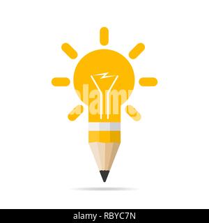 Pencil icon with light bulb in flat design. Vector illustration. Best idea concept. Creative ...