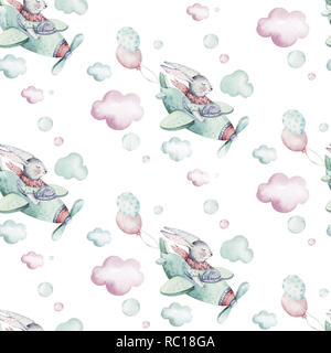 Hand drawing fly cute easter pilot bunny watercolor cartoon bunnies ...