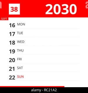 Calendar planner for Week 38 in 2026, ends September 20, 2026 Stock ...