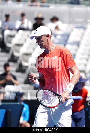 Kevin Anderson, of South Africa, reacts during a match in the Citi Open ...