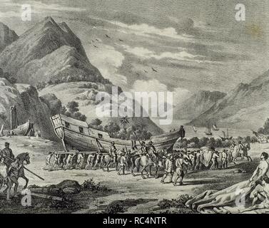 Conquest of Mexico, 1519. Spaniards moving their fleet through the ...