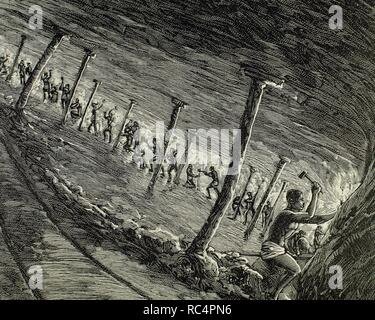 Slaves working in a gold mine. Engraving in "La Ilustración Artistica ...