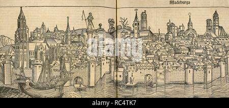 Medieval walled city of Nuremberg Germany 1400s. Hand-colored woodcut ...