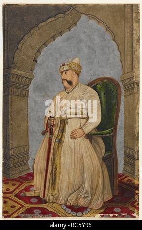 Nawab Asaf al-Daula seated on a rug smoking a hookah and listening to a ...