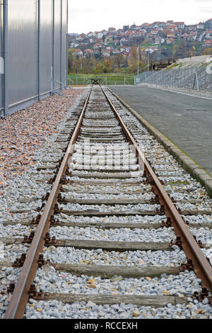 Rail Road Tracks Next to Warehouse Building Stock Photo - Alamy