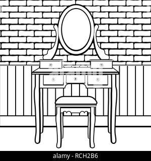 Makeup coloring table graphic black white interior sketch illustration ...