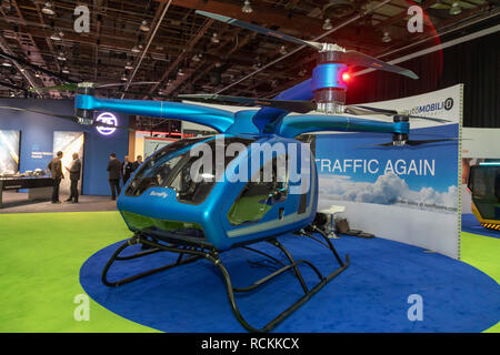 A Workhorse SureFly electric helicopter on display at a branding event ...