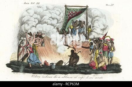 Indian sati or suttee ritual. A widow throws herself onto her late ...