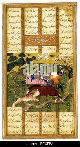 'Rakhsh Kills a Lion while Rustam Sleeps,' a manuscript illumination from the 'Shahnama of Shah ...