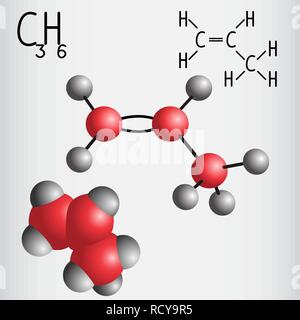 Propene. Molecular model of the alkene gas propene (C3.H6), also known ...