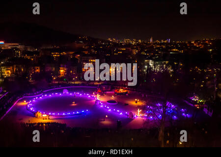 PLOVDIV, BULGARIA - JANUARY 12, 2019 - Fire show at opening event of ...