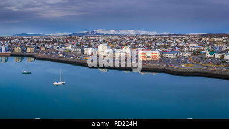Aerial view of Hafnarfjordur, a suburb of Reykjavik, Iceland. This ...