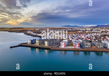 Aerial view of Hafnarfjordur, a suburb of Reykjavik, Iceland. This ...