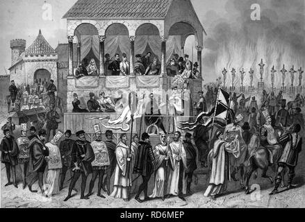 Spanish Inquisition. Auto-da-fe. Condemned in the scaffold wearing the ...